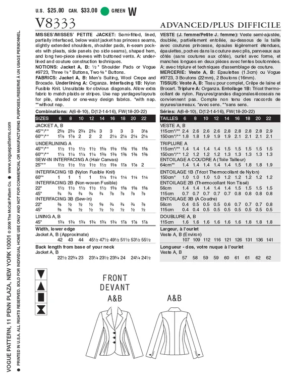 Vogue Pattern V8333 Misses' Petite Three-Button Blazer from £17.50
